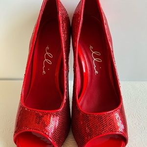 Ellie | Shoes | New Ellie Brand Red Sequin Pumps Size 9 Open Toe Peep ...